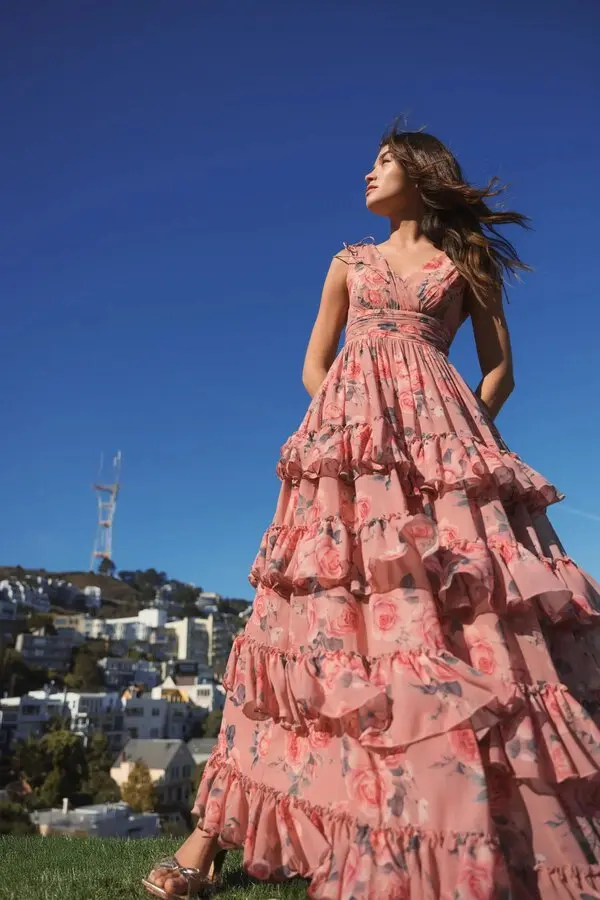 Mac Duggal Floral Chiffon Drawstring Shoulder Tiered Gown