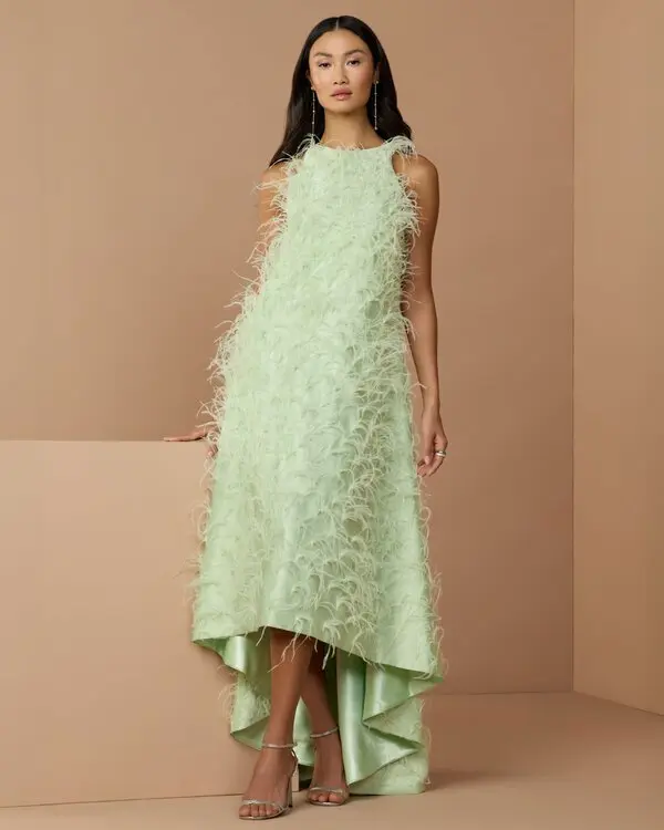 MAC DUGGAL COLLECTION Sleeveless Feather-embellished High-low Gown