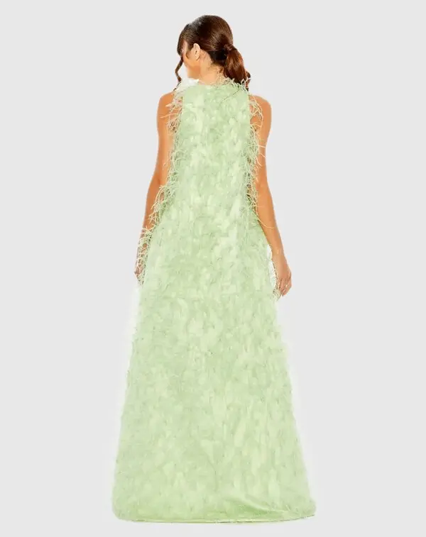 MAC DUGGAL COLLECTION Sleeveless Feather-embellished High-low Gown