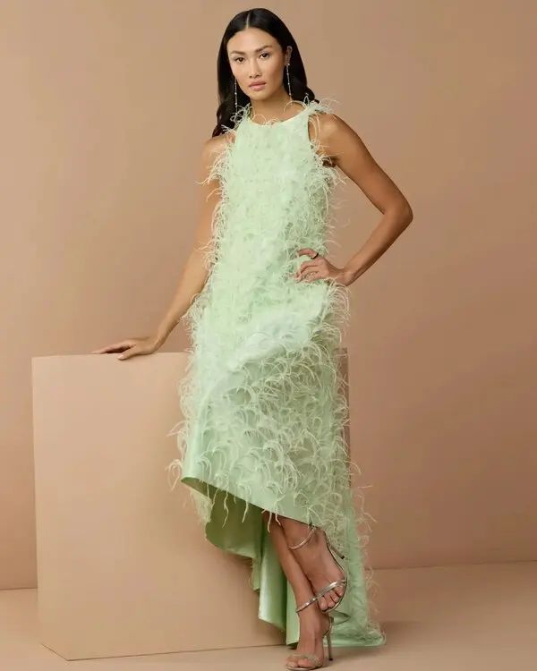 MAC DUGGAL COLLECTION Sleeveless Feather-embellished High-low Gown