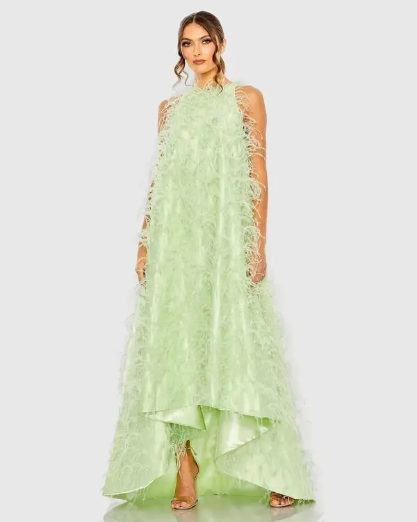 MAC DUGGAL COLLECTION Sleeveless Feather-embellished High-low Gown