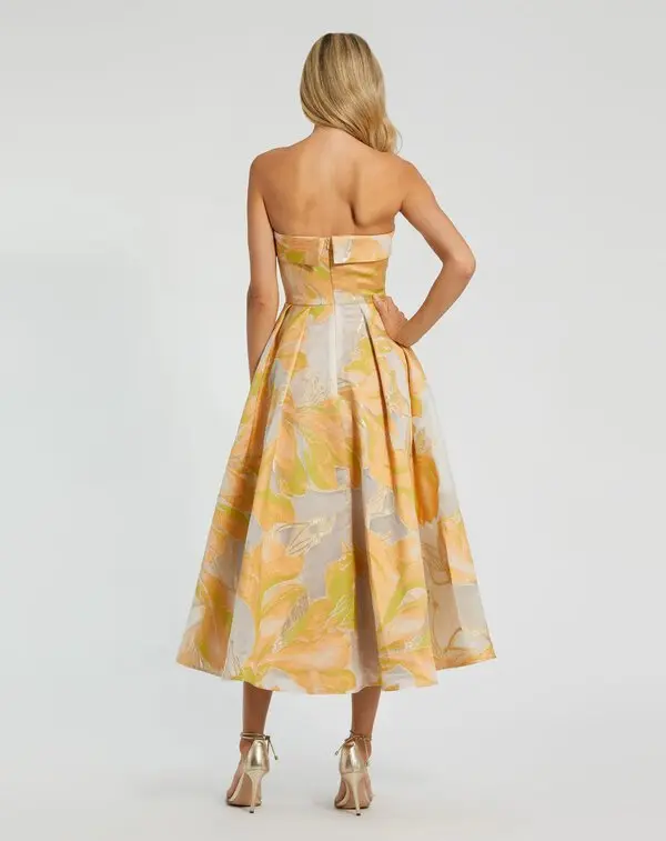 Mac Duggal Floral Brocade Strapless Midi Dress With Pockets - Peach Multi