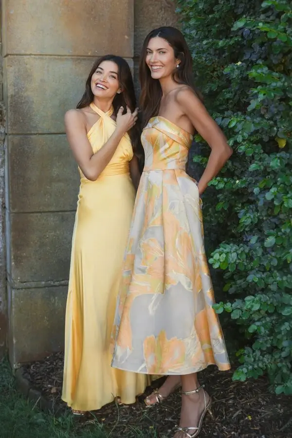 Mac Duggal Floral Brocade Strapless Midi Dress With Pockets - Peach Multi
