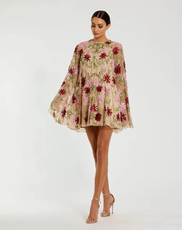 Mac Duggal Floral Embellished Cape Mini Dress