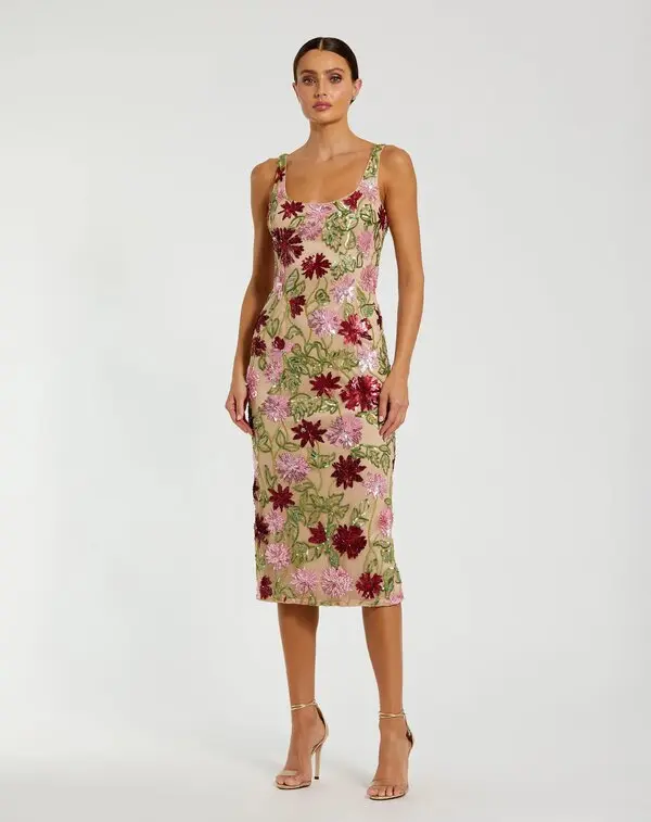 Mac Duggal Floral Beaded Scoop Neck Midi Dress - Neutral