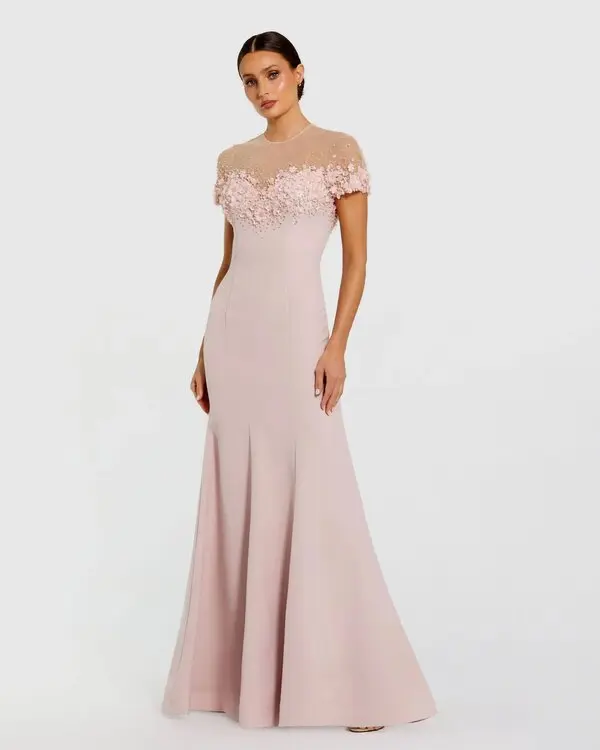 Mac Duggal Crepe Mermaid Gown With Beaded Illusion Neck Lilac