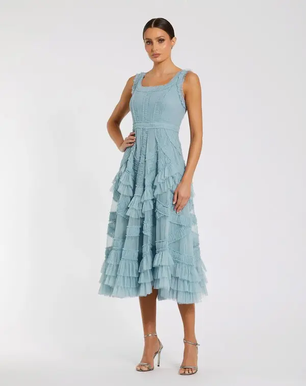 Mac Duggal Sleeveless A-line Ruffle Midi Dress - Blue