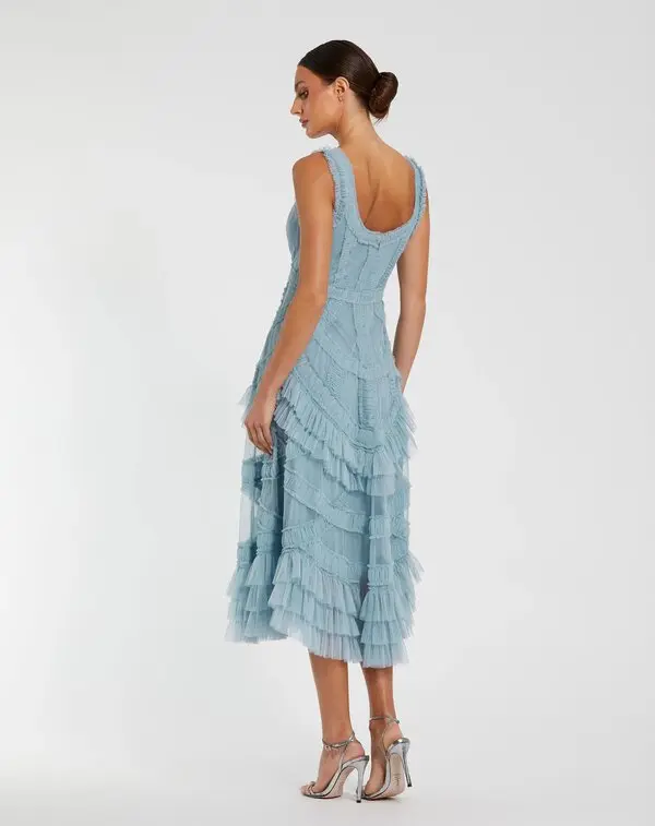 Mac Duggal Sleeveless A-line Ruffle Midi Dress - Blue
