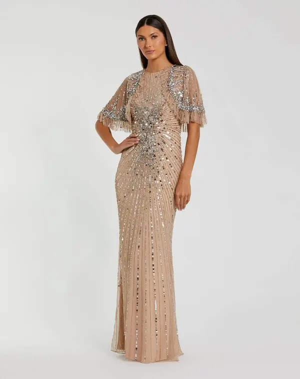 Mac Duggal Embellished Mesh Fitted Gown With Capelet - Nude Silver