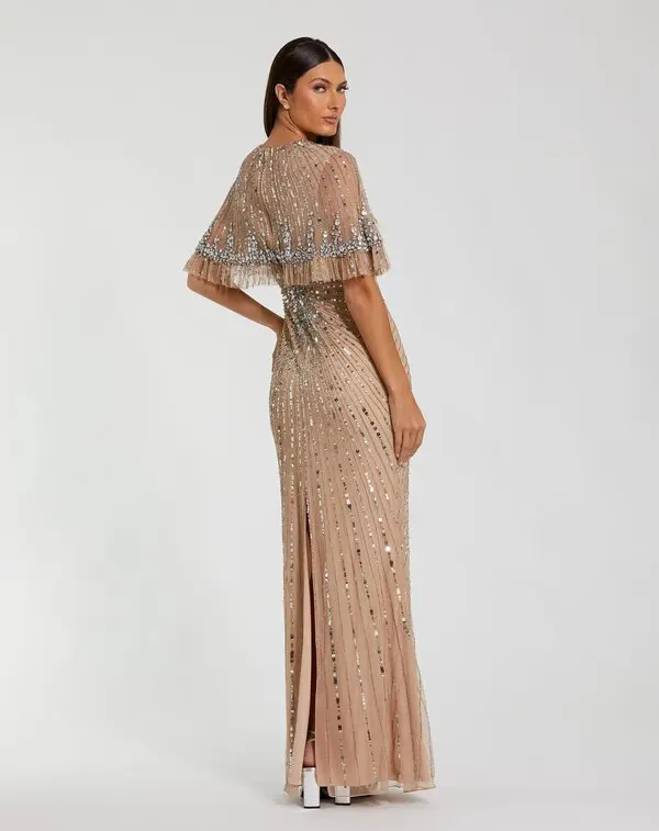 Mac Duggal Embellished Mesh Fitted Gown With Capelet - Nude Silver