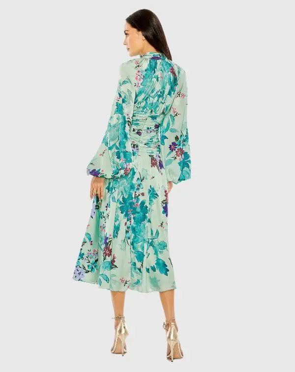 Mac Duggal Floral Satin Keyhole Long Sleeve Gown - Sage Multi