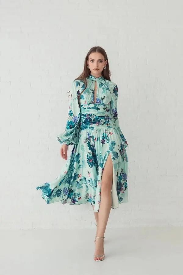 Mac Duggal Floral Satin Keyhole Long Sleeve Gown - Sage Multi