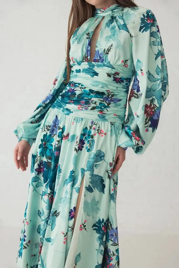Mac Duggal Floral Satin Keyhole Long Sleeve Gown - Sage Multi