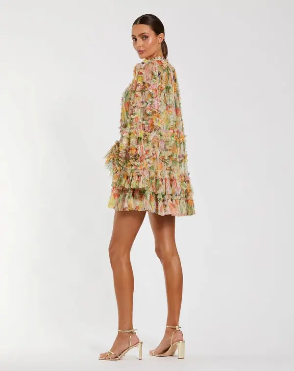Mac Duggal Printed Mesh Ruffle High Neck Mini Dress - Multicolor