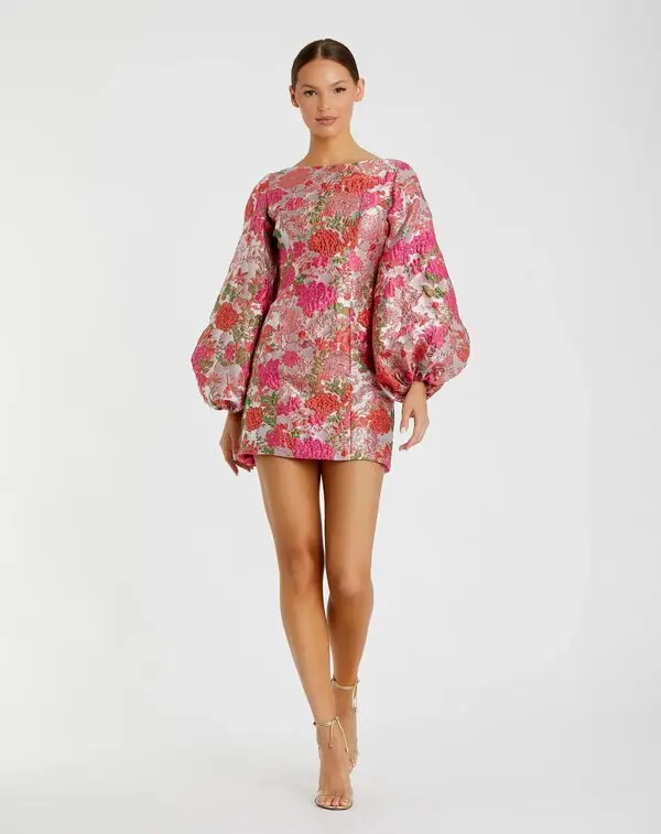 Mac Duggal Floral Brocade Balloon Sleeve Mini Dress - Pink
