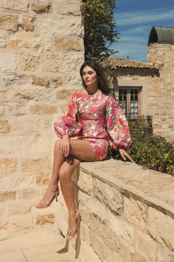 Mac Duggal Floral Brocade Balloon Sleeve Mini Dress - Pink