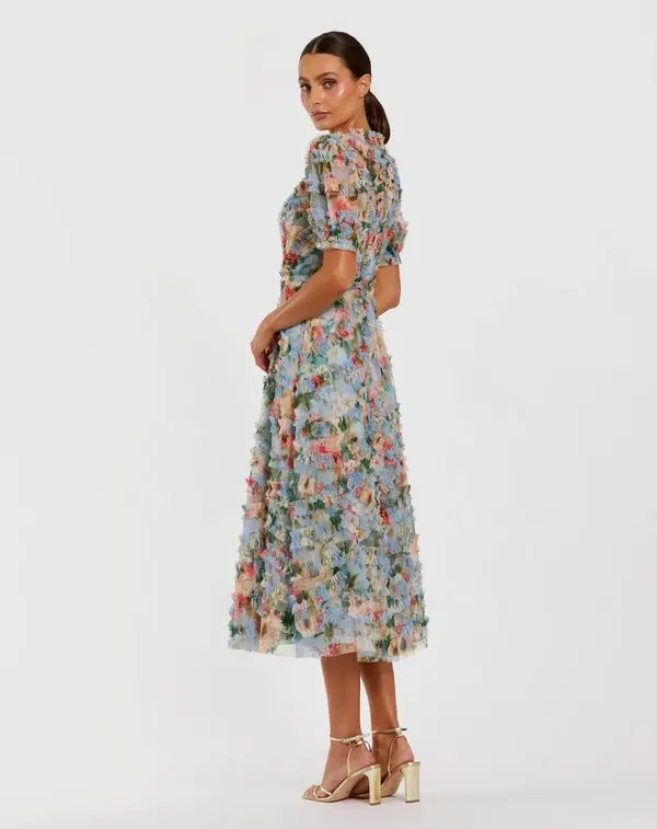 Mac Duggal Floral Mesh Ruffle Midi Dress
