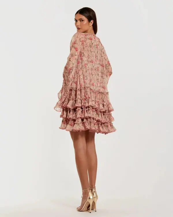 Mac Duggal Floral Long Sleeve Ruffle Mini Dress - Pink Multi | Editorialist