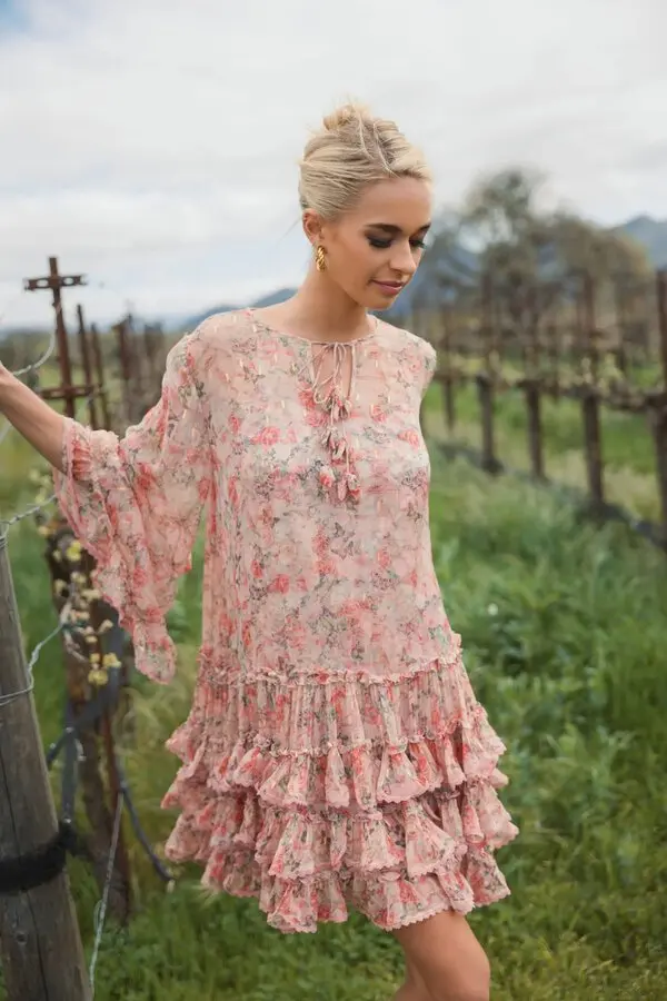 fitted lace wedding dress Pink Floral Long Sleeve Ruffle Mini Dress main image 0
