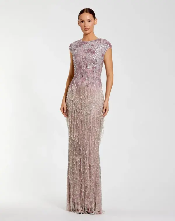 Mac Duggal Embellished Cap Sleeve Gown With Fringe Beading
