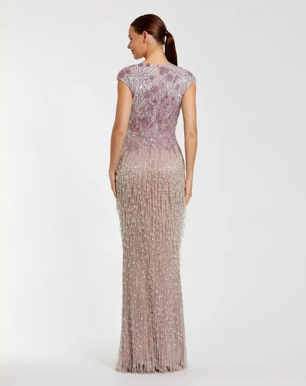 Mac Duggal Embellished Cap Sleeve Gown With Fringe Beading