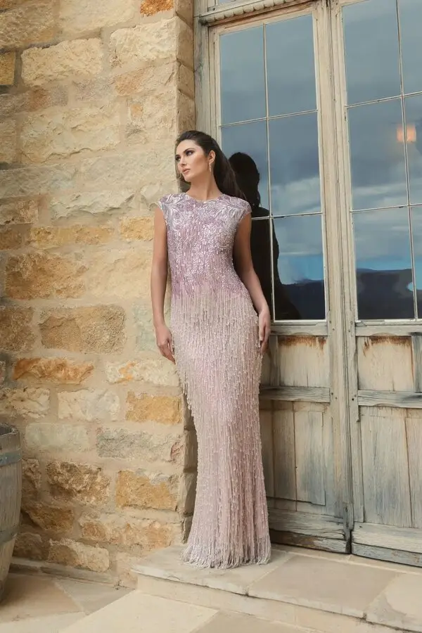 Mac Duggal Embellished Cap Sleeve Gown With Fringe Beading