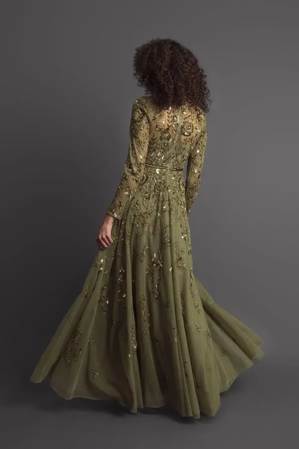 Mac Duggal - Green Long Sleeve Hand Embellished Floral A-Line Gown - US 8