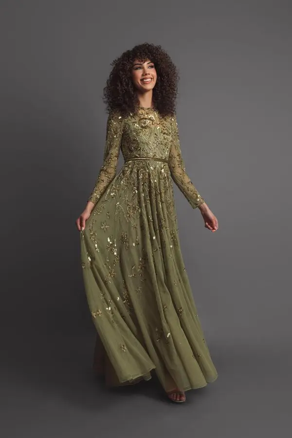 mac duggal green floral dress Green Ruffle Tiered Chiffon Floral Dress
