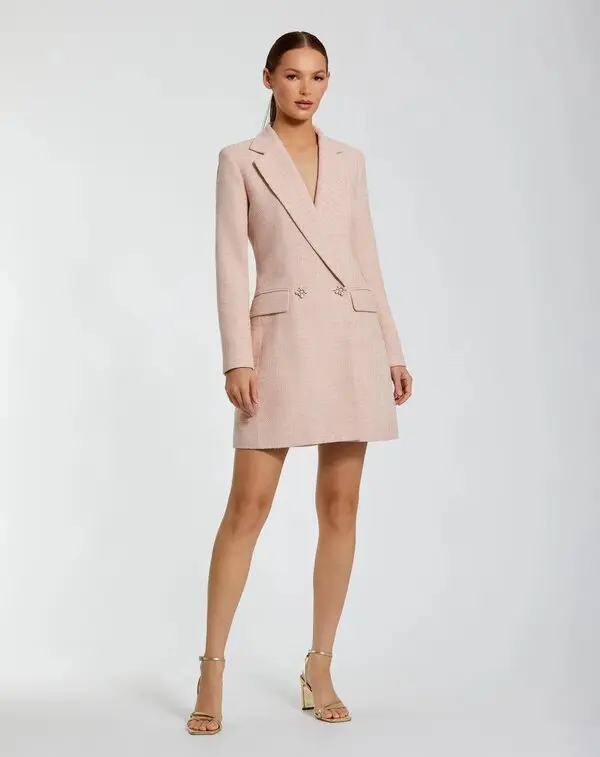 Mac Duggal Boucle Blazer Mini Dress With Pearl Button Detail