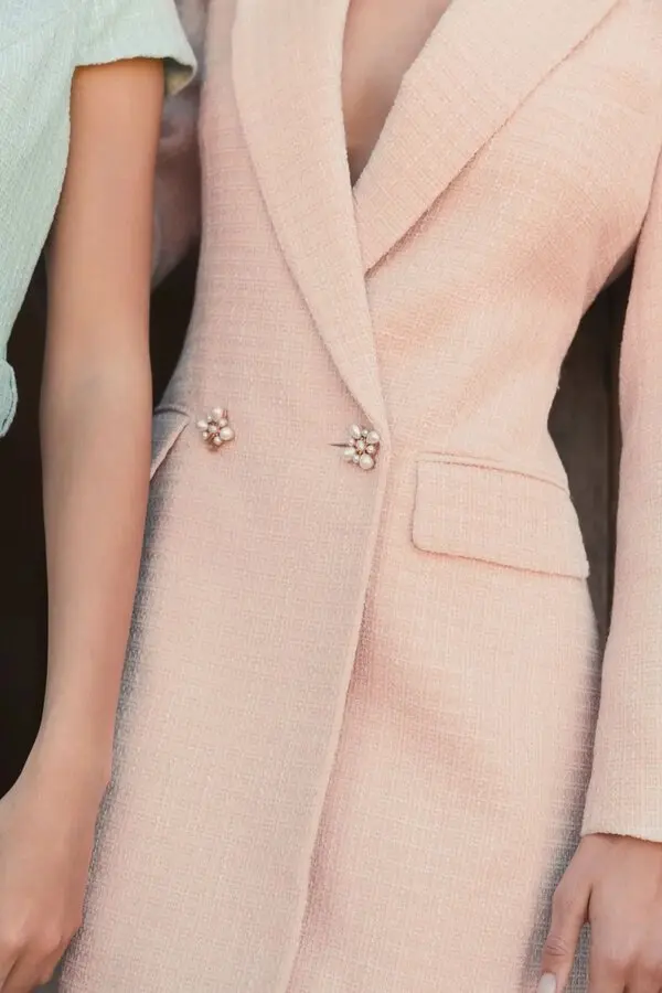 Mac Duggal Boucle Blazer Mini Dress With Pearl Button Detail