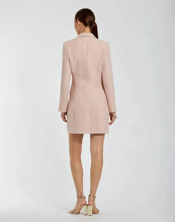 Mac Duggal Boucle Blazer Mini Dress With Pearl Button Detail