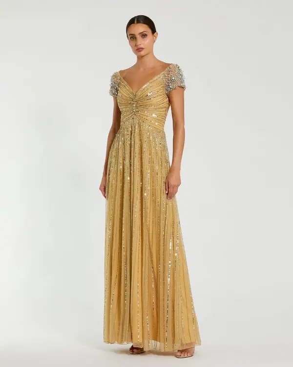 Mac Duggal Sequin Evening Gown With Embellished Sleeves - Gold