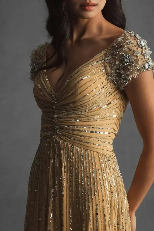 Mac Duggal Sequin Evening Gown With Embellished Sleeves - Gold