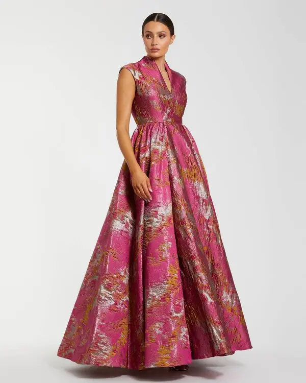Mac Duggal Metallic Jacquard Ball Gown With Mandarin Collar - Raspberry Multi