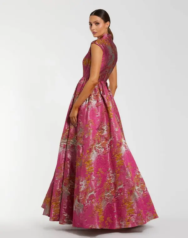 Mac Duggal Metallic Jacquard Ball Gown With Mandarin Collar - Raspberry Multi