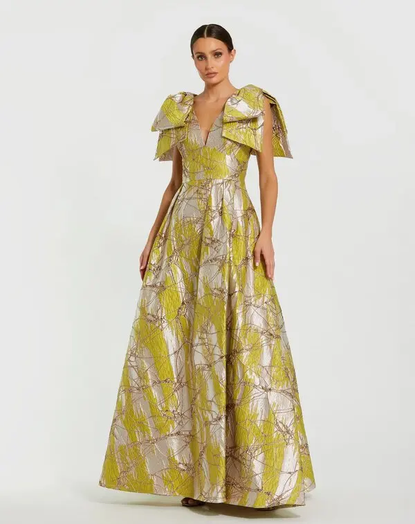 Mac Duggal Layered Shoulder Bow Metallic A-line Gown