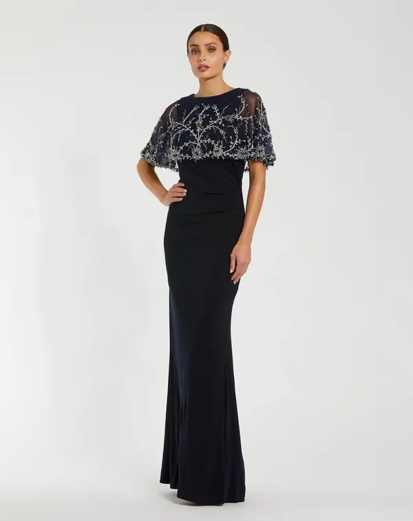 Mac Duggal Fitted Jersey Gown With Embellished Cape