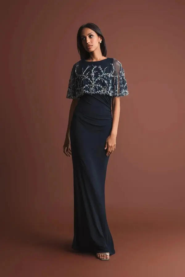 Mac Duggal Fitted Jersey Gown With Embellished Cape