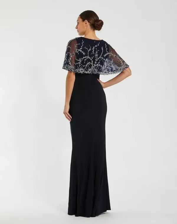 Mac Duggal Fitted Jersey Gown With Embellished Cape