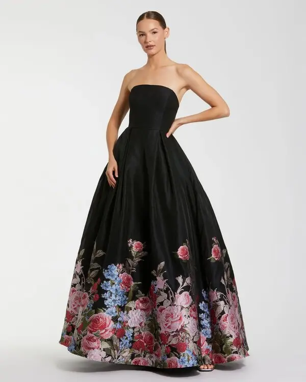 Mac Duggal Strapless Floral Brocade Ballgown - Black Multi