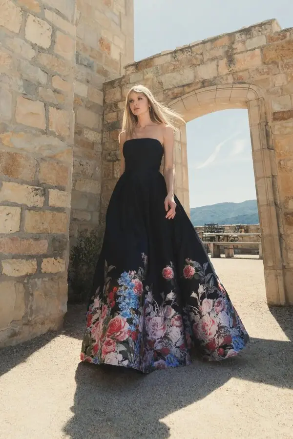 Mac Duggal Strapless Floral Brocade Ballgown
