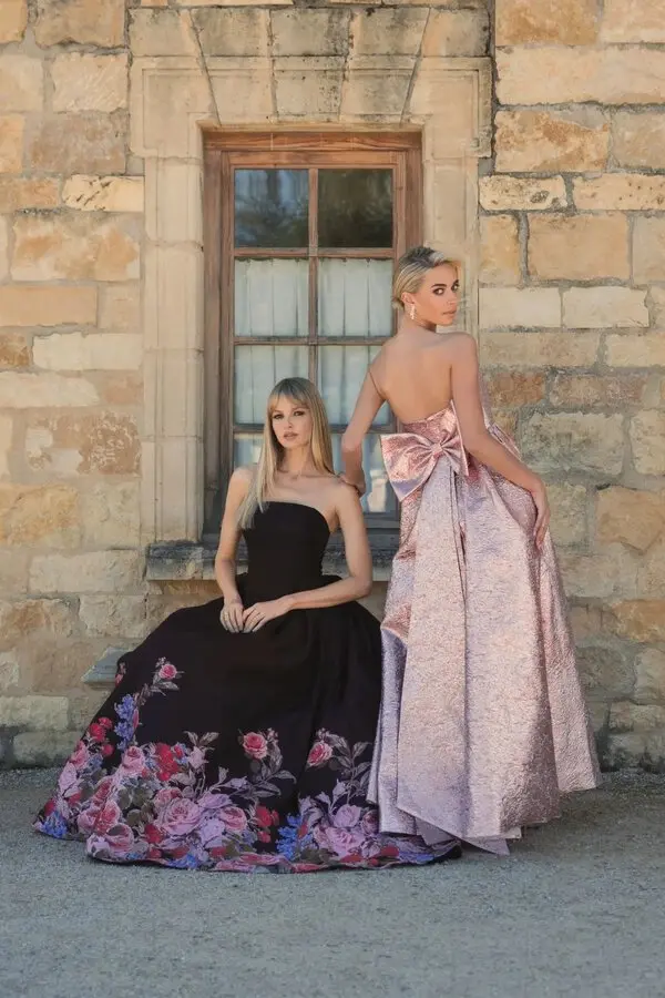 Mac Duggal Strapless Floral Brocade Ballgown