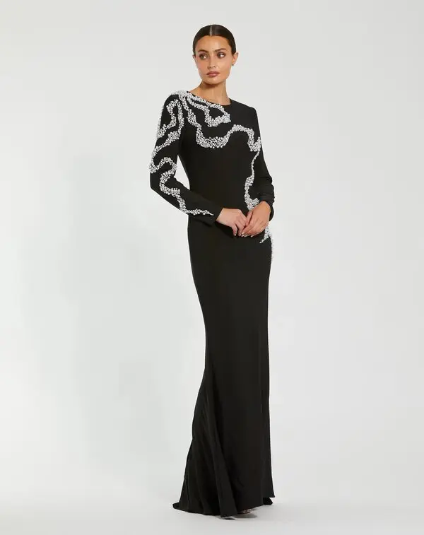 Mac Duggal Jersey Evening Gown With Beaded Swirl Detail
