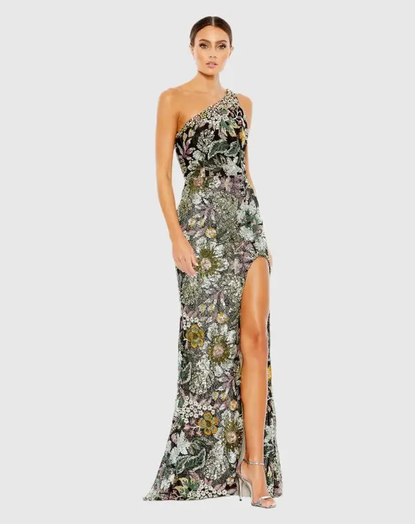 Mac Duggal Floral Sequined Embroidered One Shoulder Trumpet Gown
