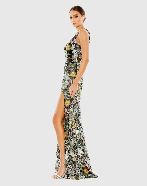 Mac Duggal Floral Sequined Embroidered One Shoulder Trumpet Gown