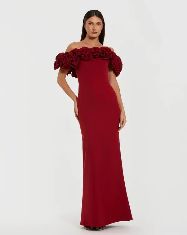 Mac Duggal Off-the-shoulder Crepe Gown With 3d Roses
