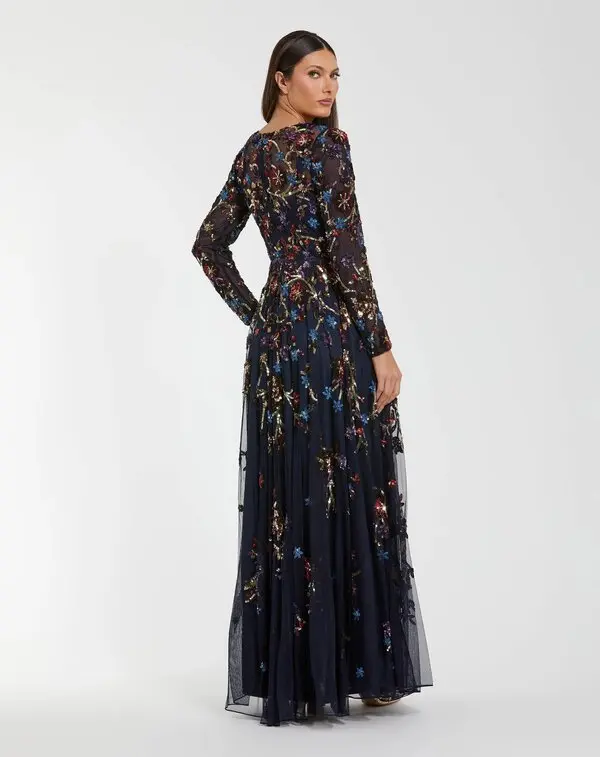 Mac Duggal Beaded Long Sleeve A-line Gown - Midnight Multi