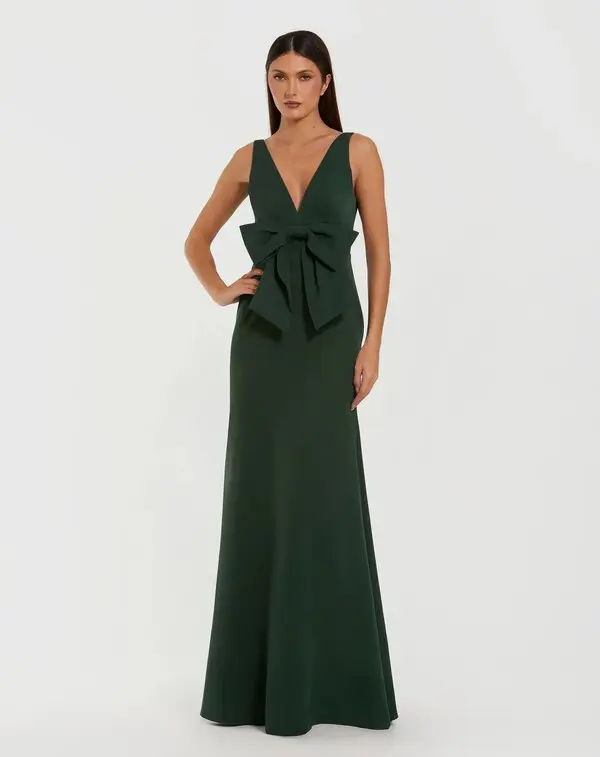 Mac Duggal Crepe Sleeveless V-neck Gown With Bow