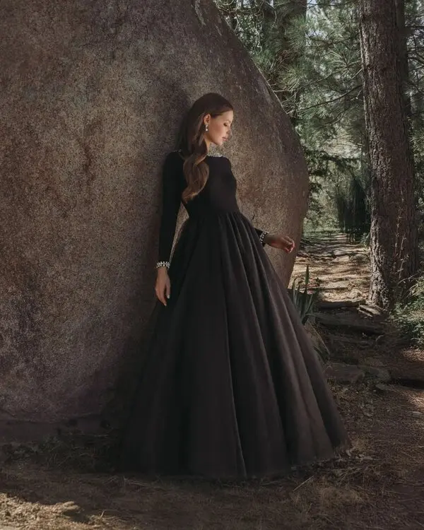 Mac Duggal Long Sleeve Embellished Tulle Ball Gown In Black | Editorialist