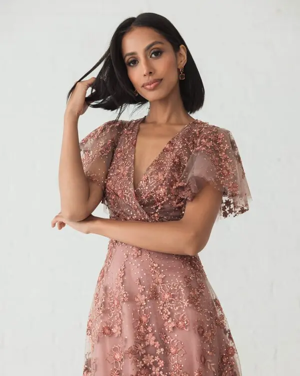 Mac Duggal Embroidered Flutter Sleeve A-line Gown